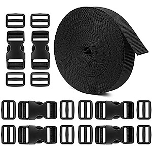 Buckle Straps 1 Inch, Webbing Straps Polypropylene 11 Yards, 6 PCS Adjustable Side Release Plastic Buckles, 12 PCS Tri-Glide Slide Clip, Heavy Duty Straps with Buckles