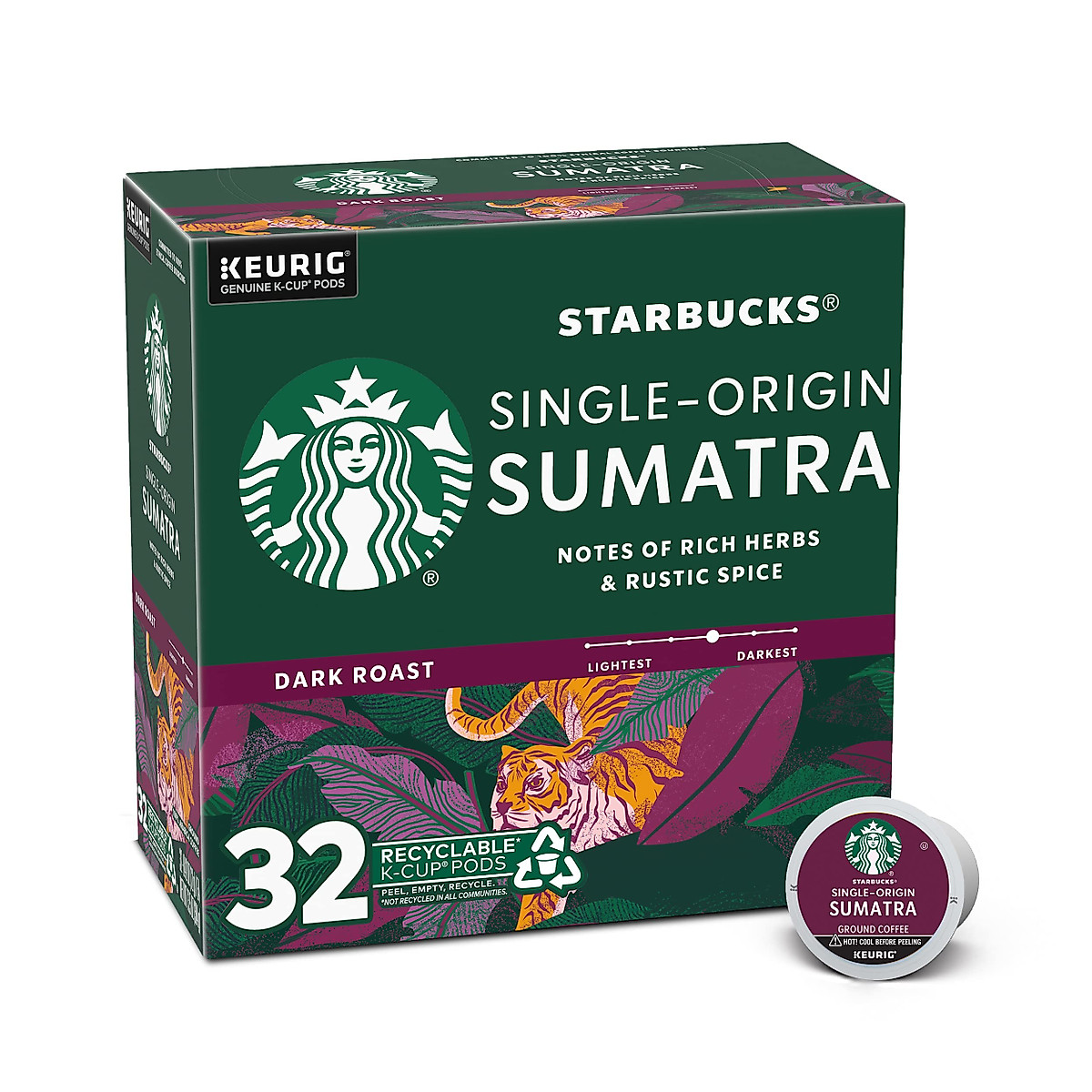 Starbucks K-Cup Coffee Pods, Dark Roast Coffee, Sumatra, 100% Arabica, 1 box (32 pods)