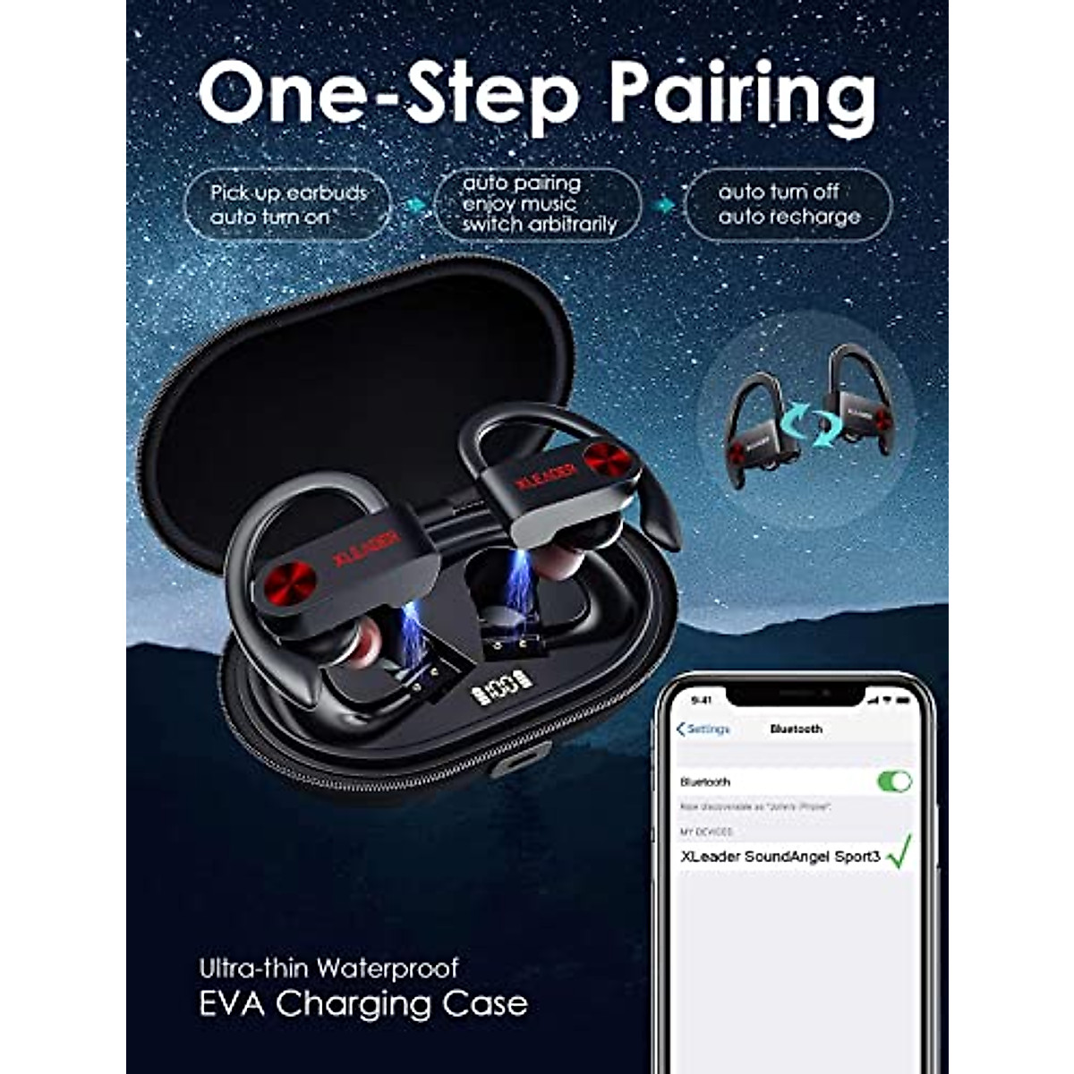 XLeader SoundAngel Sport3 Pro - Bluetooth 5.1 Sports Earbuds IPX7 Waterproof Wireless Running Headphones in Ear with LED Display Charging Case TWS Earphones with Micphones for Workout Fittness Gym Red