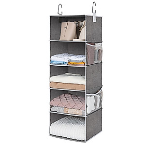 StorageWorks 5-Shelf Jumbo Hanging Storage Closet, Hanging Organizer for Closet Rod, Hanging Cloth Organizer Storage, Canvas, Gray, 13" D x 15" W x 47 ¾" H