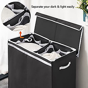 Fiona's magic Double Laundry Hamper with Lid, Dirty Clothes Laundry Basket with 2 Removable Liner Bags, Divided Laundry Hamper 2 Section for Bedroom, Laundry Room, Bathroom Black & Grey