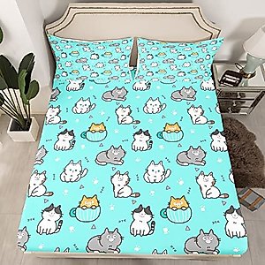 Erosebridal Kawaii Cats Bed Sheets Cartoon Animal Fitted Sheet Queen Size, Orange Gray Kitten Sheets Cute Pet Bedding, Teal Bed Cover Cat Lovers Gifts for Women Men, Microfiber 3pcs (Deep Pocket)