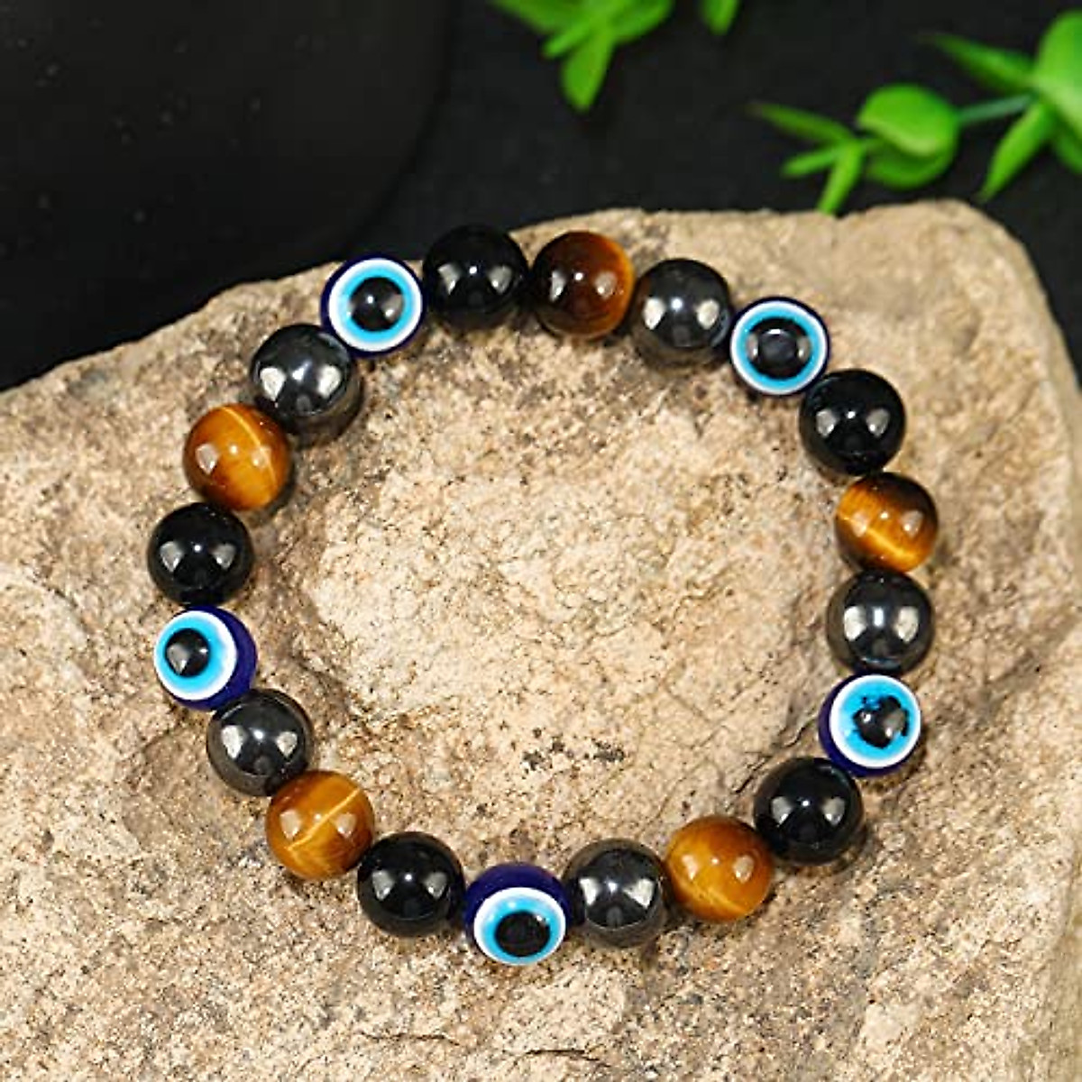 mens beaded bracelets（evil eye, tigers eye,hematite, obsidian）A handmade beaded crystal healing bracelet that can bring luck, happiness and protection(10mm elastic)