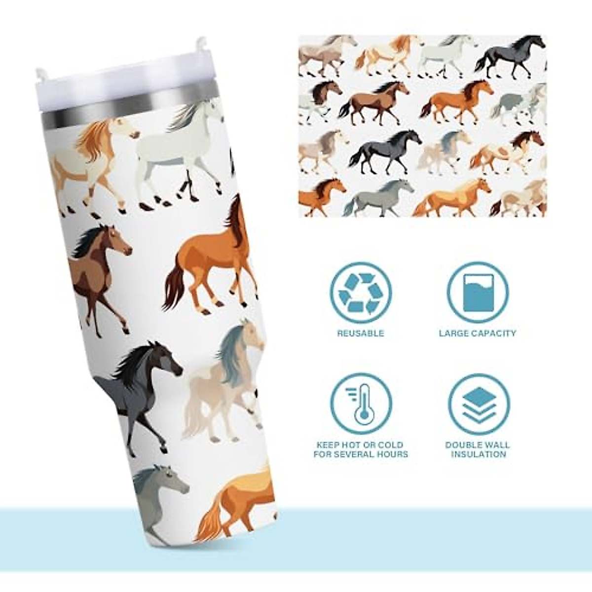 RPLIFE Colorful Horse 40 Oz Tumbler with Handle, Stainless Steel Coffee Tumbler, Insulated Coffee Mug with Lid