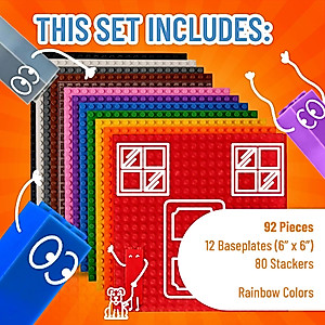 Strictly Briks Stackable Base Plates Lego Compatible - Stackable Rainbow Building Bricks for Towers, Shelves & More - 12 Base Plates & 80 Stackers - 6x6 Inches