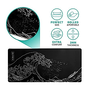 Japanese Sea Wave Gaming Mouse Pad 31.5x11.8 Inch Anime Black Mouse Pad Big Kanagawa Large Mousepad Extended Non-Slip Rubber Base Waterproof Big Keyboard Mat with Stitched Edges for Gaming and Office