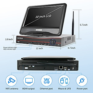 【No HDD/Power Adapter/Mouse】 10'' LCD Wireless WiFi NVR 8 Channels Network Video Recorder, Motion Detection Zones, 24/7 Record, Work with Hiseeu 1080P/3MP/5MP Eseecloud Wireless Camera