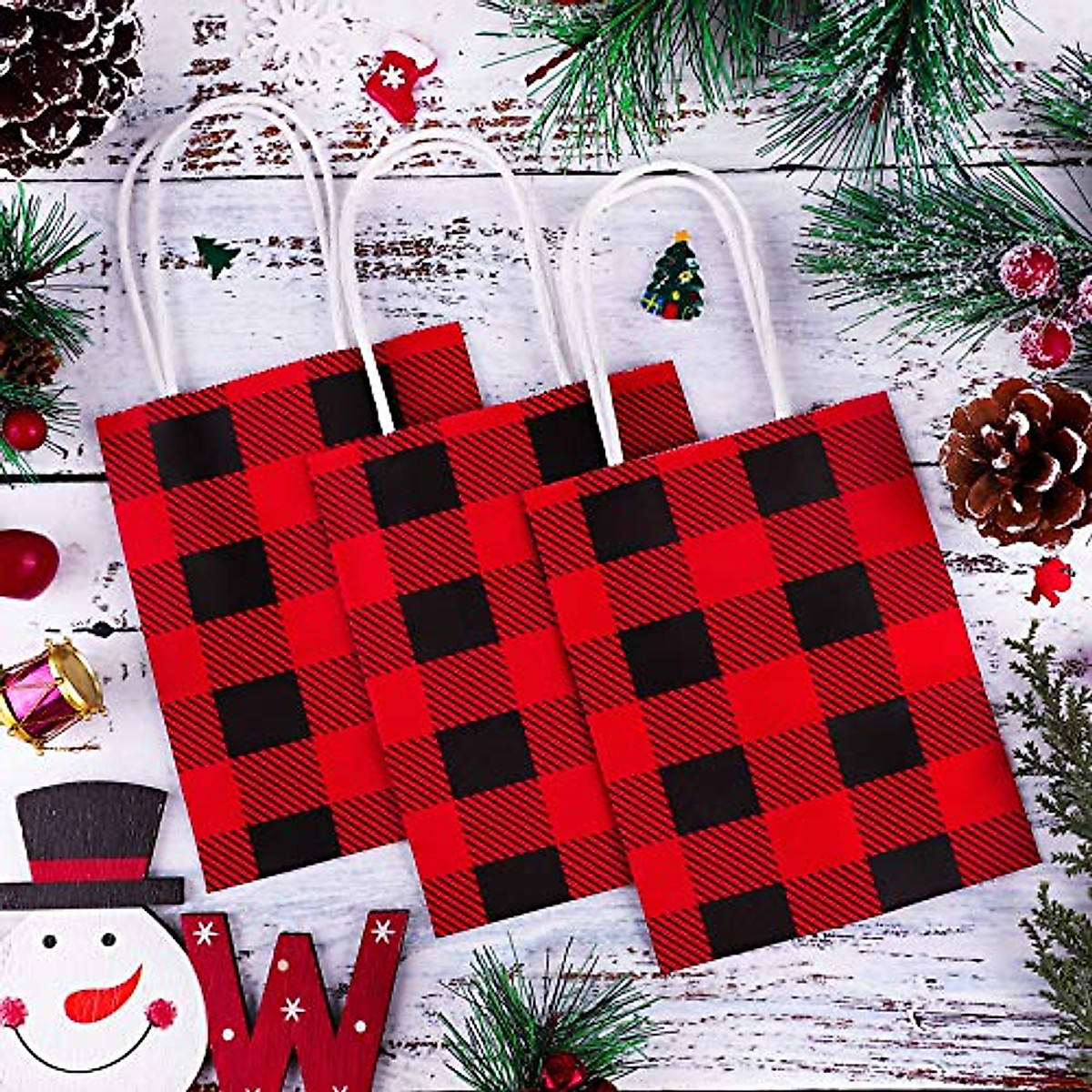 Cooraby 30 Pieces Mini Red and Black Plaid Bag Paper Party Kraft Christmas Bags with Handle for Birthday, Wedding, Party Celebrations