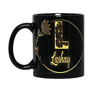 Coffee Mug Personalized Lashay Name & Initial Letter Monogram Floral Alphabet Mug Golden Flowers Custom Black Coffee Cup, Gift for Her Mom Coworker Sister, Wife, Girl 11oz Black Mug 810385