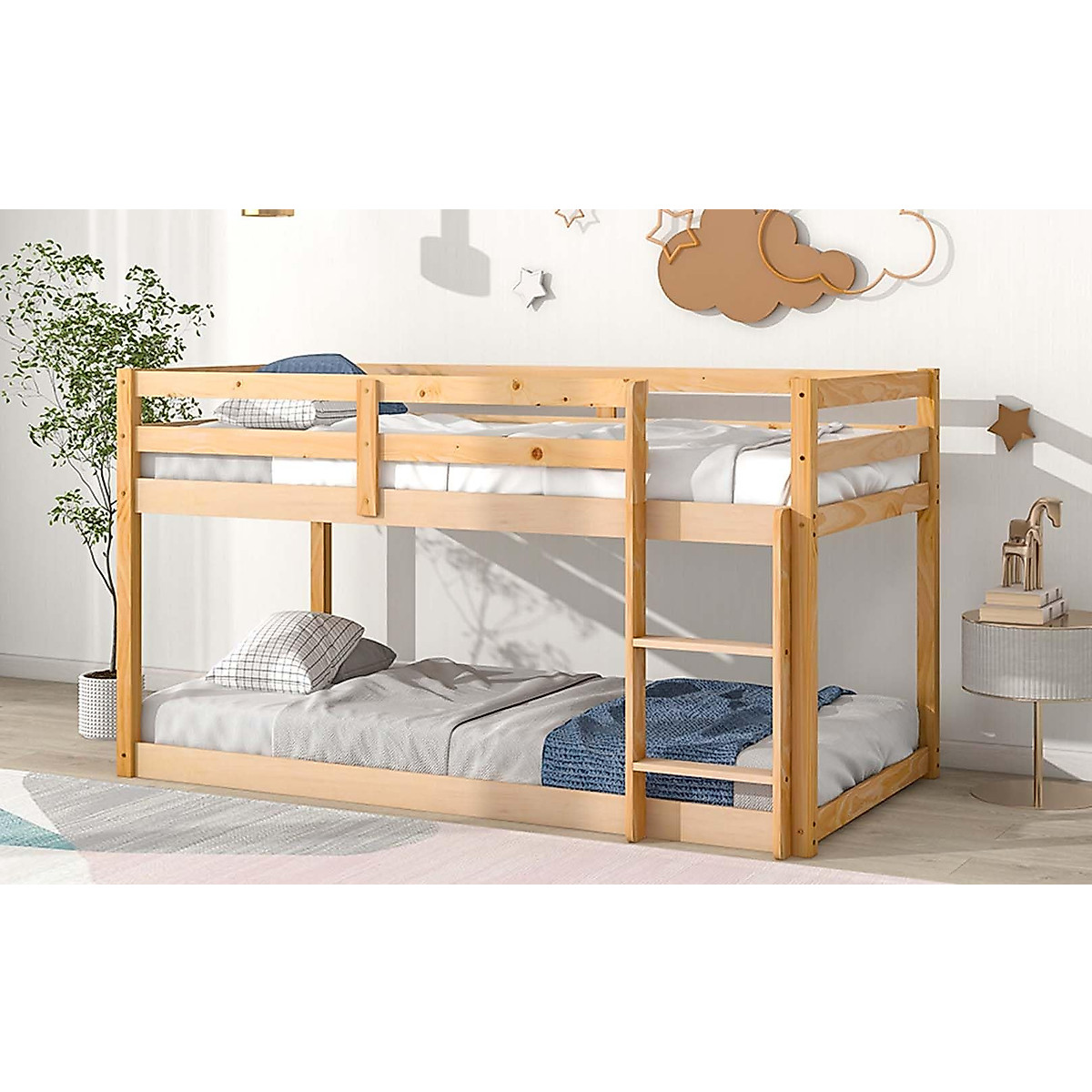 Anwick Twin Over Twin Low Bunk Bed with Stairs and Rails, Wooden Bunk Beds Frame with Safety Guardrail and Slats for Toddlers, Kids, Teens, Boys, Girls, Noise-Free (Natural)