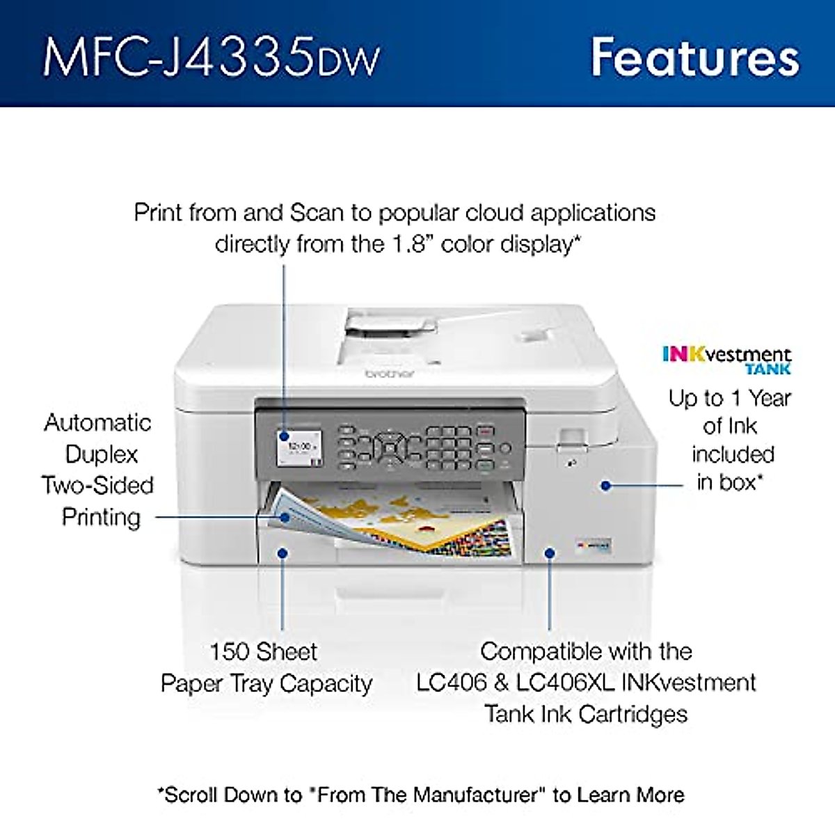Brother MFC-J4335DW INKvestment Tank All-in-One Printer with Duplex and Wireless Printing Plus Up to 1-Year of Ink in-Box (Renewed)