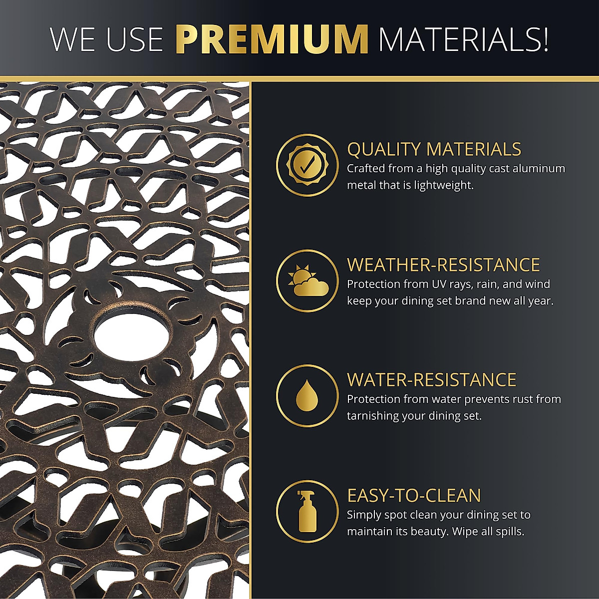 Kinger Home Harmon 5-Piece Cast Aluminum Outdoor Dining Set for 4 with Cushions - Elegant Round Patio Table and Chairs with Umbrella Hole, Bronze