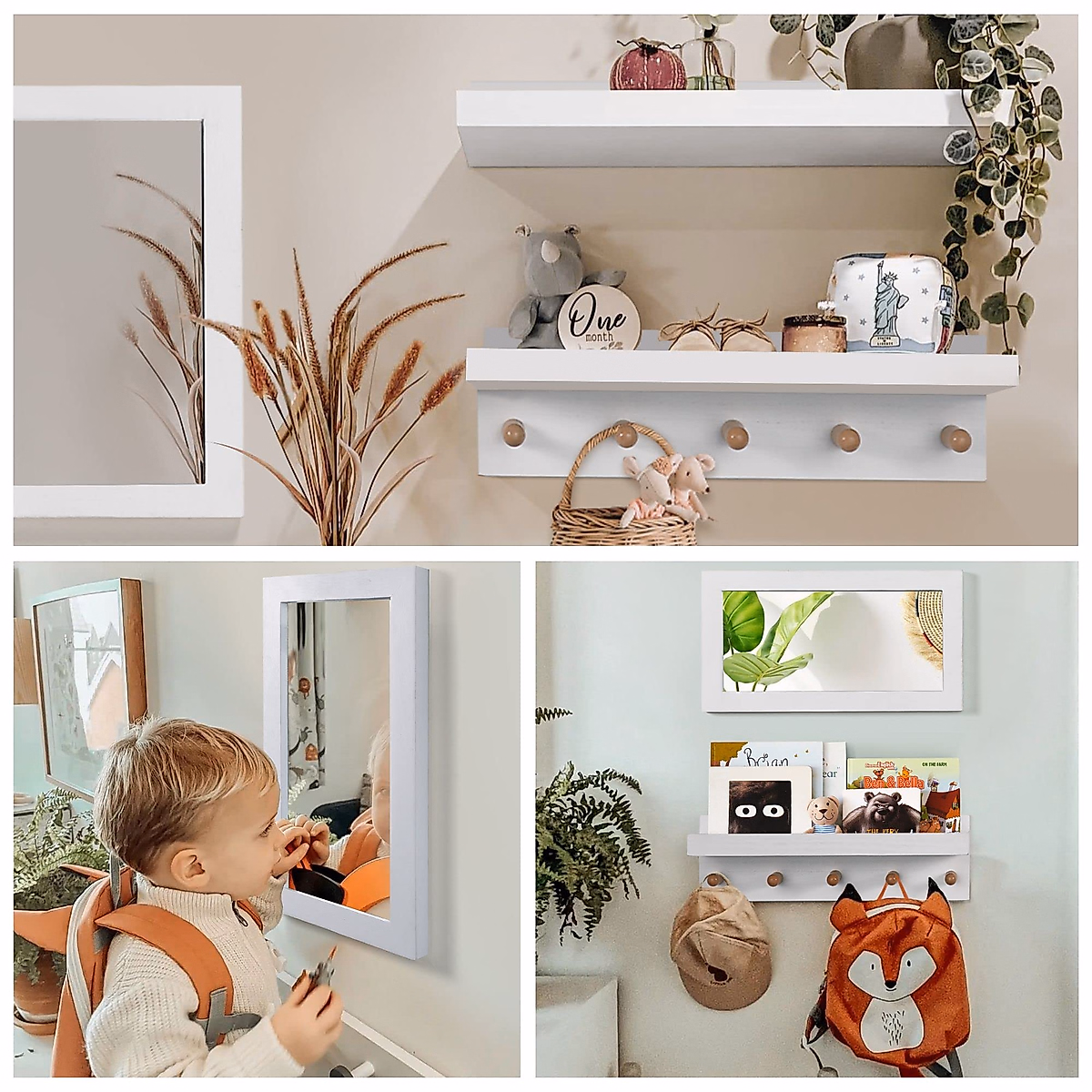COMAX Nursery Floating Book Shelves with Wall Mirror, Wall Bookshelf for Kids Room Bedroom, Hanging Nursery Book Shelves Wall Mounted Bookshelves, Hanging Baby Book Shelf Nursery Shelves White