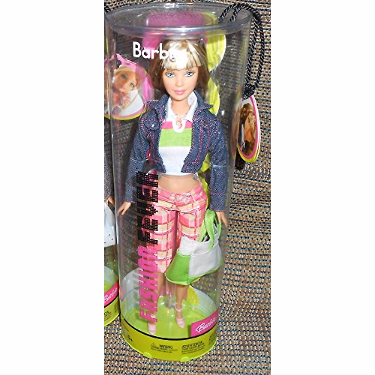 Barbie Fashion Fever Doll with Blue Jean Jacket, Cropped Plaid Pants, Green and Khaki Canvas Bag, Pink Sandal Heels