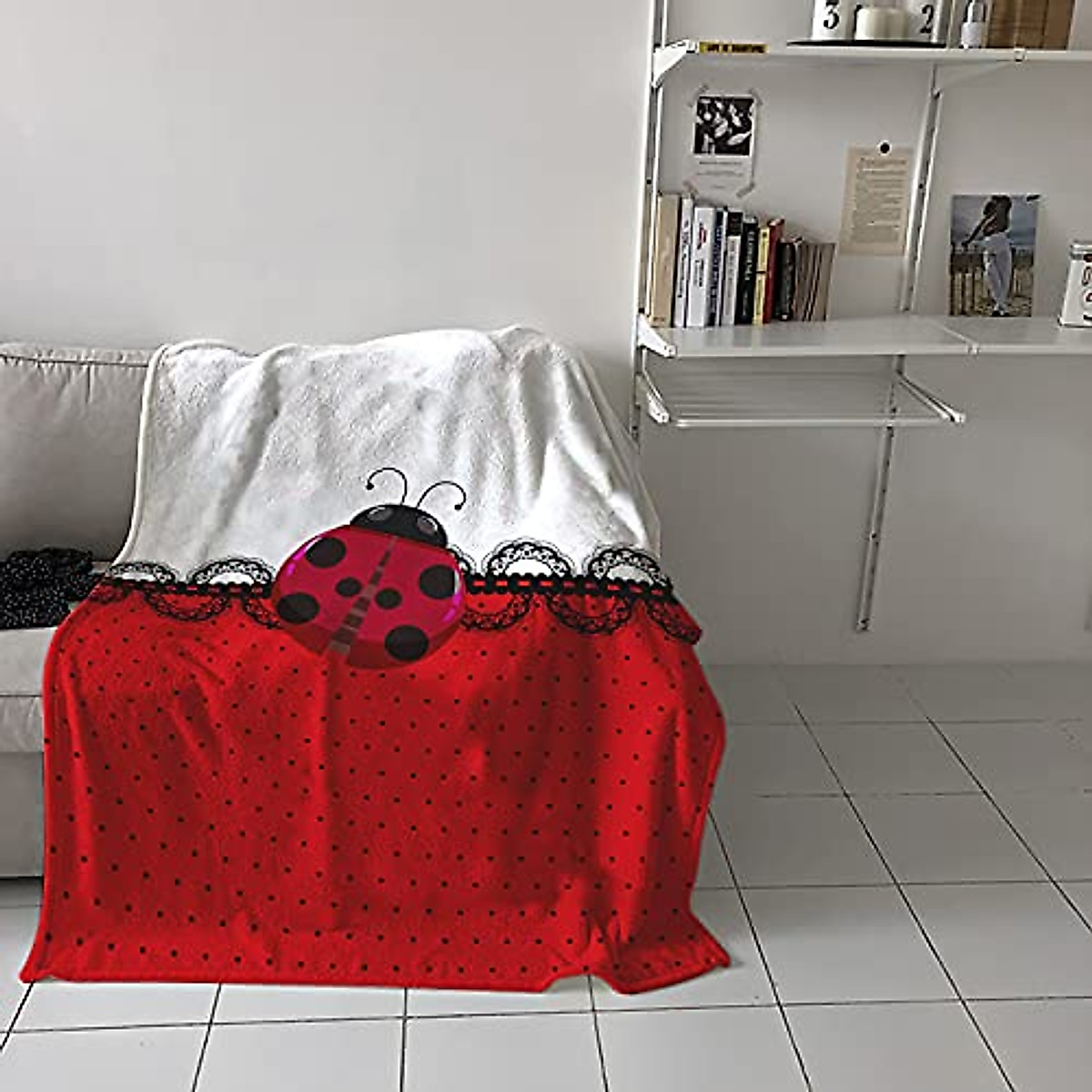 Throw Blanket Warm Soft Blanket Throws for Sofa Couch Bed, Valentine Ladybug Lace Edge Wave-Dot Texture Flannel Fleece Bed Blanket Lightweight Cozy Plush Blanket for All Seasons 50x60 Inches