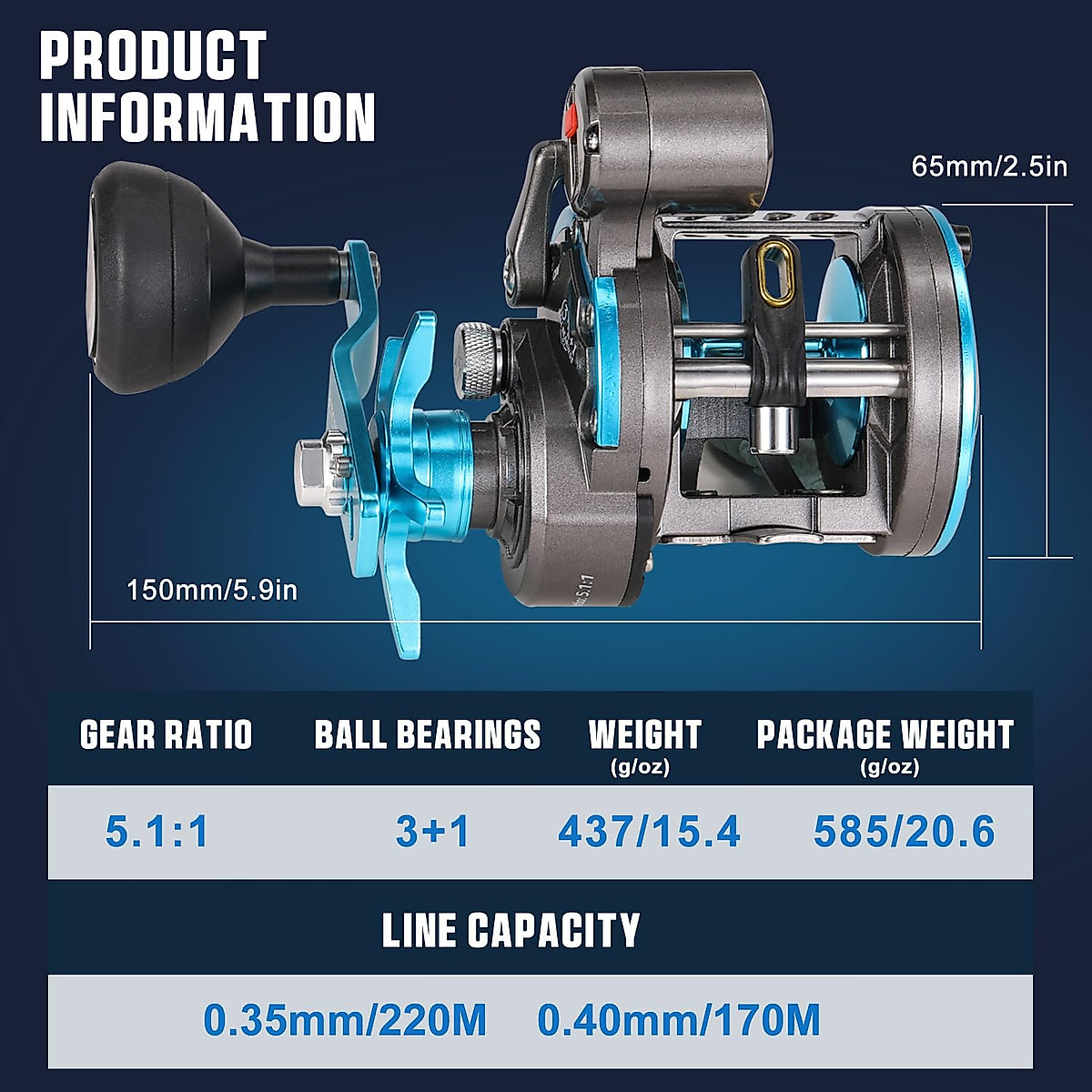 Burning Shark Fishing Reel Round Baitcasting Reel, Smooth Powerful Line Counter Reel, Saltwater Inshore Surf Trolling Reel, Conventional Reel for Catfish, Musky, Bass, Pike- ECTC15R