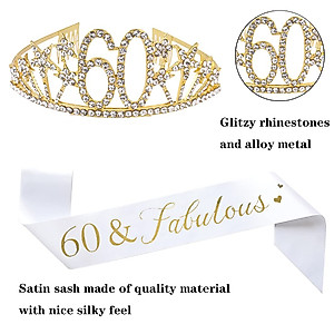Mayin Happy 60th Birthday Tiara and Sash Gifts Crystal Rhinestone Princess Crown Birthday Queen Party Favor Supplies Gold Crowns White Sash