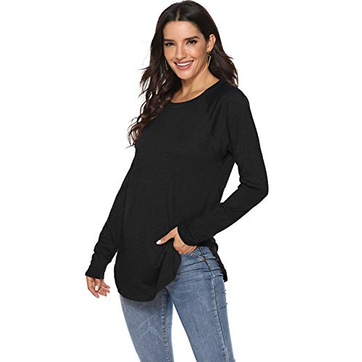 Newchoice Womens Fall Clothes,Raglan Long Sleeve T Shirts Curve Hem Flare Tunic Tops (L,Black)