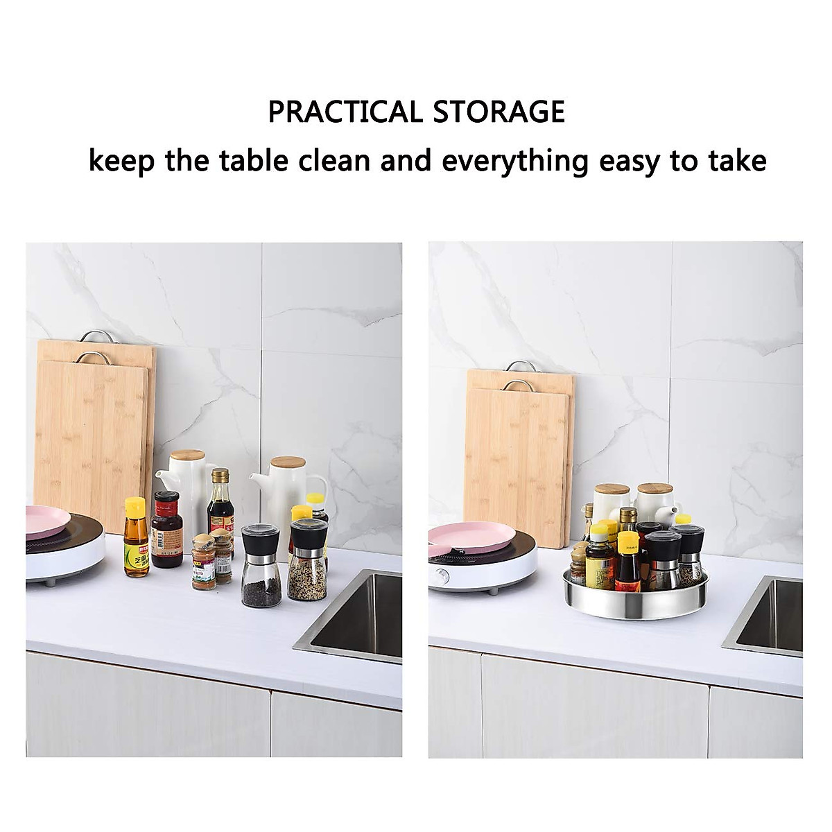 Lazy Susan Spice Rack Organizer for Cabinet, Rotating Tray Turntable Storage Container Stainless steel for Kitchen Pantry, Countertop, Table (9”)