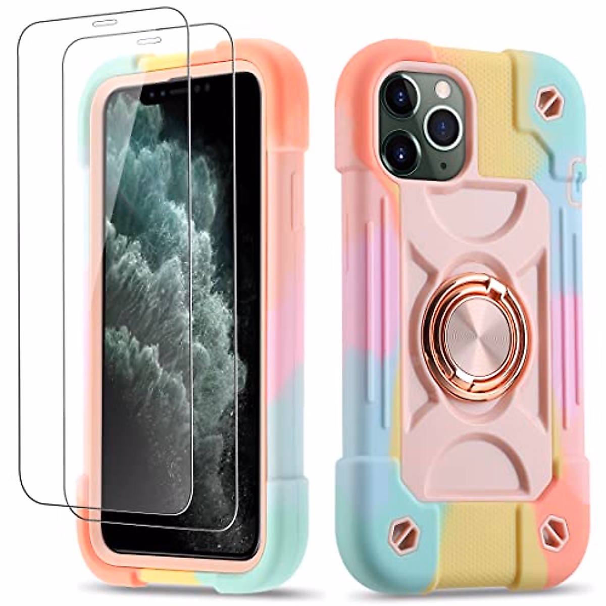 Cookiver for iPhone 11 Pro Max Case 6.5 Inch, with 2 Pack Glass Screen Protector,Heavy-Duty Shockproof Rugged Military Grade Cover with Magnetic Car Mount for iPhone 11 Pro Max (Rainbow Pink)