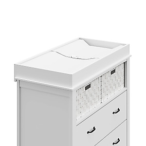 Storkcraft Forrest 2 Drawer Changing Table Chest with Baskets, Attached Changing Topper Fits Standard Size Changing Pad, 2 Drawers and 2 Open Shelves, White