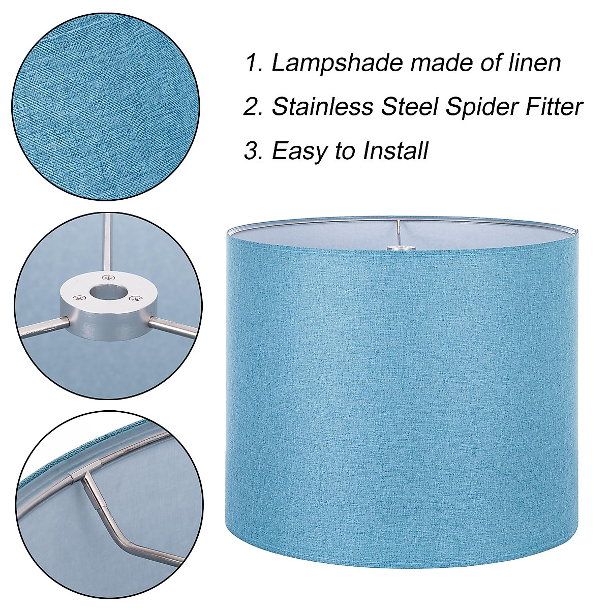 Wellmet 16"x16"x12" Assembly Required Lampshade for Table Lamp, Bedside Lamp, Floor Lamp, Fabric Drum Lampshade Classic Modern Style, Spider Fitter, Blue