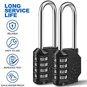 Combination Lock, 4 Digit Combination Padlock for School Gym Sports Locker, Fence, Toolbox, Case, Hasp Cabinet Storage (Long Shackle, 2 Pack, Blue & Black)
