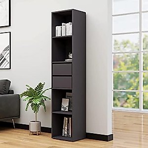Natulvd 6 Tier Tall Bookcase with Drawers & Shelves, Narrow Display Storage Shelves Collection Décor Free Standing Furniture for Home Living Room Study Room - Grey