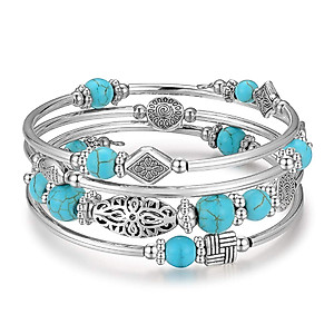 BULINLIN Layered Wrap Bangle Turquoise Bracelet - Bead Bracelet with Natural Agate Stone, Gifts For Women (01-Turquoise)