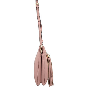 B BRENTANO Vegan Double-Zip Pocket Crossbody Handbag Purse wih Big Tassel Accent (Blush)