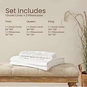BESTSWEETIE White Duvet Cover Queen Size – Striped Tufted Queen Duvet Cover Set with Zipper Closure, 3pcs Soft Microfiber Boho Duvet Cover Set for All Seasons (Queen, 90”x90”)