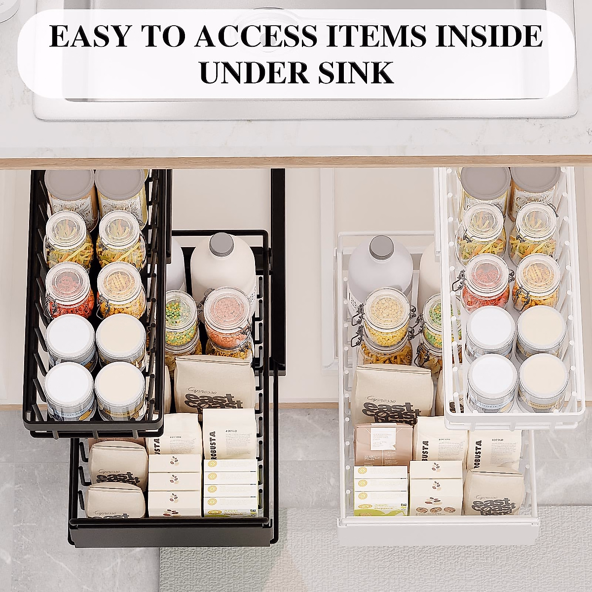 MEIJIA Double Sliding Cabinet Organizer Drawer, 2 Tier Pull Out Under Sink Organizers And Storage Bathroom And Kitchen, Metal L-Shaped Under Cabinet Organizer And Storage - White