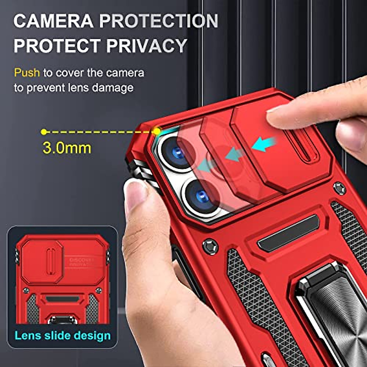 2023 NEW CASE for iPhone 13 Pro Max Case with Stand & Camera Cover Slide,Built-in 180°+360° Rotate Ring Kickstand,Shockproof Military Grade Drop Protective Phone Cover iPhone 13 Pro Max Case Red