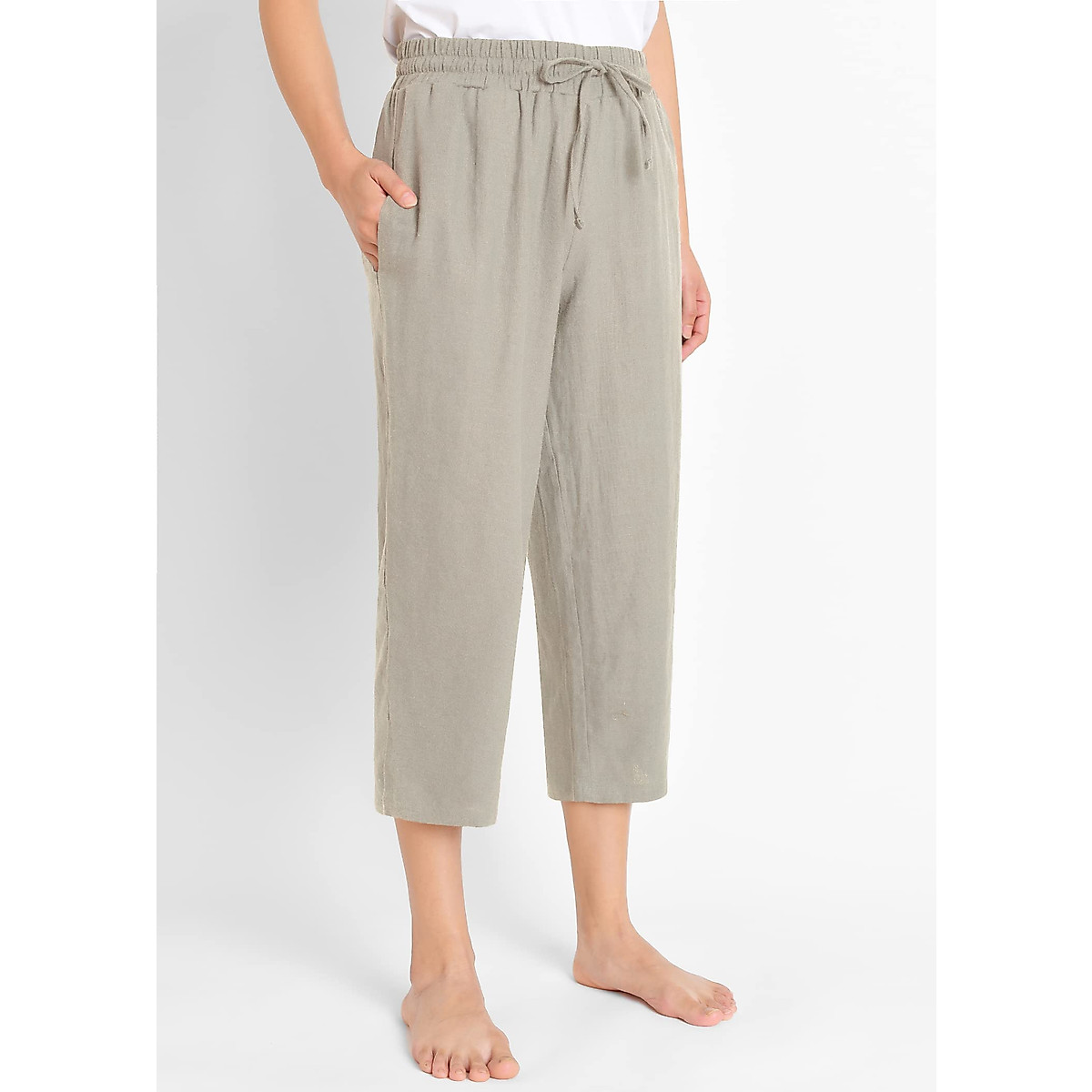 Weintee Women's Linen Crop Pants Capris with Pockets 2X Dark Khaki