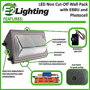 E2 Lighting Non Cut Off LED Wall Pack with Emergency Battery Backup/Photocell, RoHs Compliant UL and DLC Certified LED Wall Packs Commercial, 5 Year Warranty (80W)