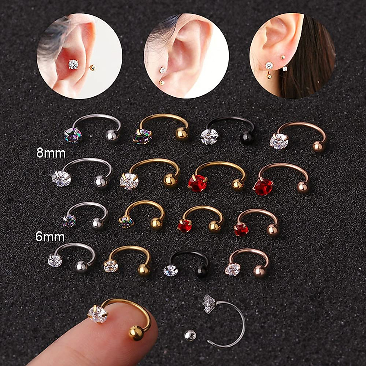 20g 4 Prong Cubic Zirconia Small Huggie Hoop Earrings Cartilage Tragus Helix Tiny Half Open Hoops Screw Back Stainless Steel Nose Rings Septum Lip Rings Crystal Piercing Jewelry for Women (clear cz, 6mm in gold)