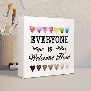 Everyone Is Welcome Here Wooden Box Sign Desk Decor,Classroom Welcome Sign,Back to School Welcome Sign,Welcome Sign for Classroom Shelf Decor