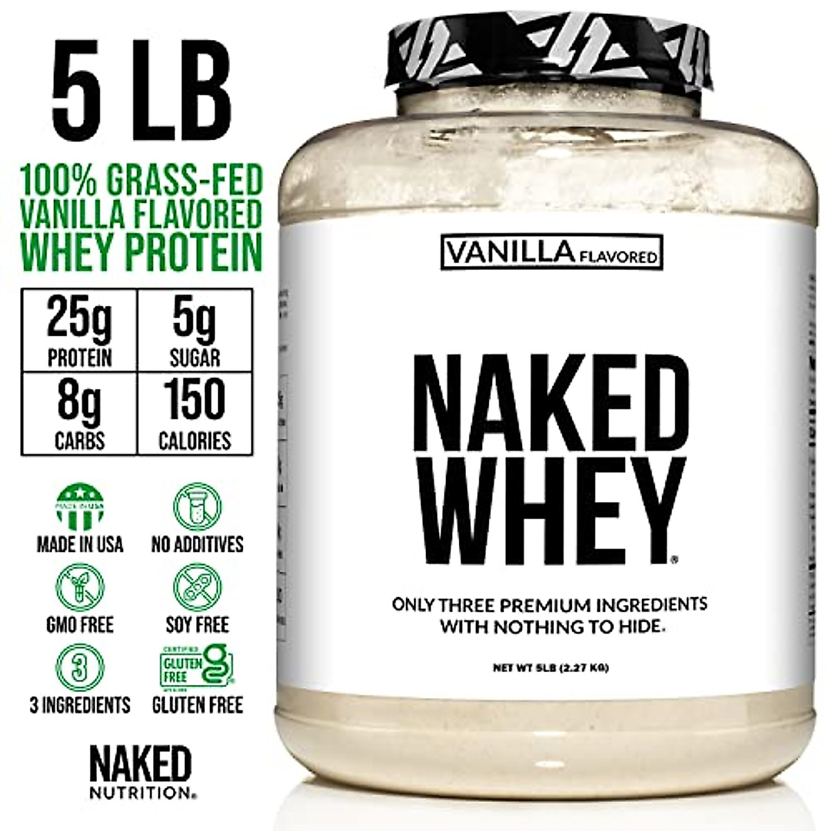 Naked Whey Vanilla Protein – All Natural Grass Fed Whey Protein Powder + Vanilla + Coconut Sugar- 5lb Bulk, GMO-Free, Soy Free, Gluten Free. Aid Muscle Recovery - 61 Servings