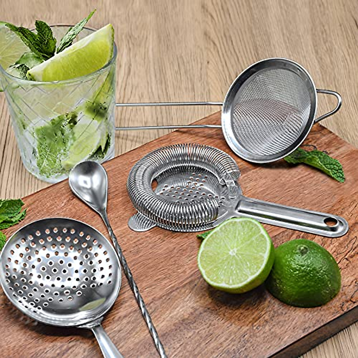 TheBarsentials Cocktail Strainer Set Stainless Steel Bar Tool with Stirring Spoon - Hawthorne Strainer, Julep Strainer, Fine-Mesh Strainer/Sifter