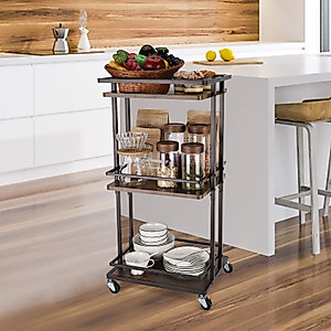 Feemiyo 3-Tier Bar Cart, Serving Bar Cart for Home with Large Storage Space, Made of Wood and Metal with Wheels，Multifunctional cart Suitable for Home Bars, Kitchens, Living Rooms, and bedrooms (Wood)