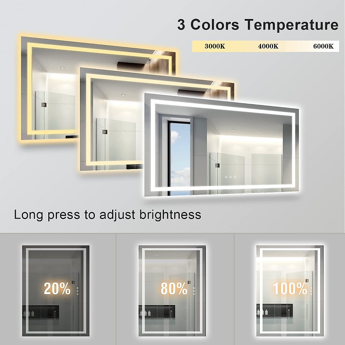 LUSPAZ Led Bathroom Mirror for Wall 40x30 Inch with Front and Backlit Lights, Double LED Vanity Mirror with Lights, Anti-Fog, Shatter-Proof, Memory, Stepless Dimmable Wall Mirrors