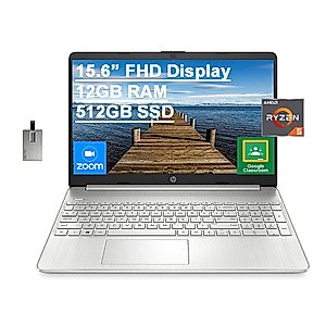 HP 2022 15.6" FHD Laptop Computer, AMD Ryzen 5-5500U Processor(Beats Intel i7-1065G7), 12GB RAM, 512GB PCIe SSD, AMD Radeon Graphics, HD Webcam, Bluetooth, Wi-fi, Win 10, Silver, 32GB USB Card