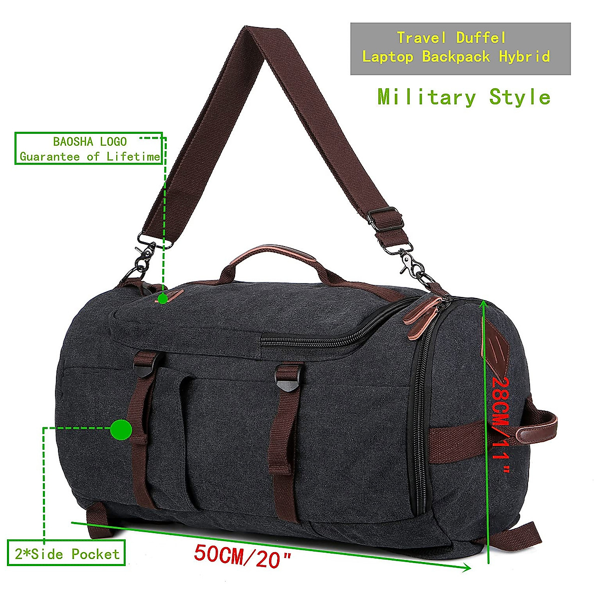 BAOSHA Canvas Weekender Travel Duffel Backpack Hybrid Hiking Rucksack Laptop Backpack for Outdoor Sports Gym HB-26(Black)