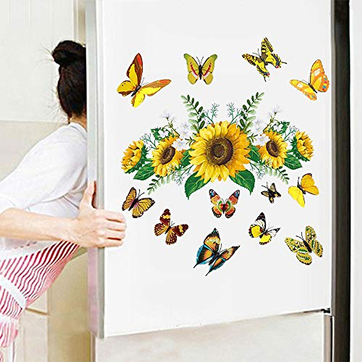Sunflowers Wall Decal with 12 PCS 3D Colorful Butterfly Wall Stickers for Nursery Bedroom Bathroom Kitchen, Removable Yellow Flower Mural DIY Wall Art Decor Home Decorations for Living Room