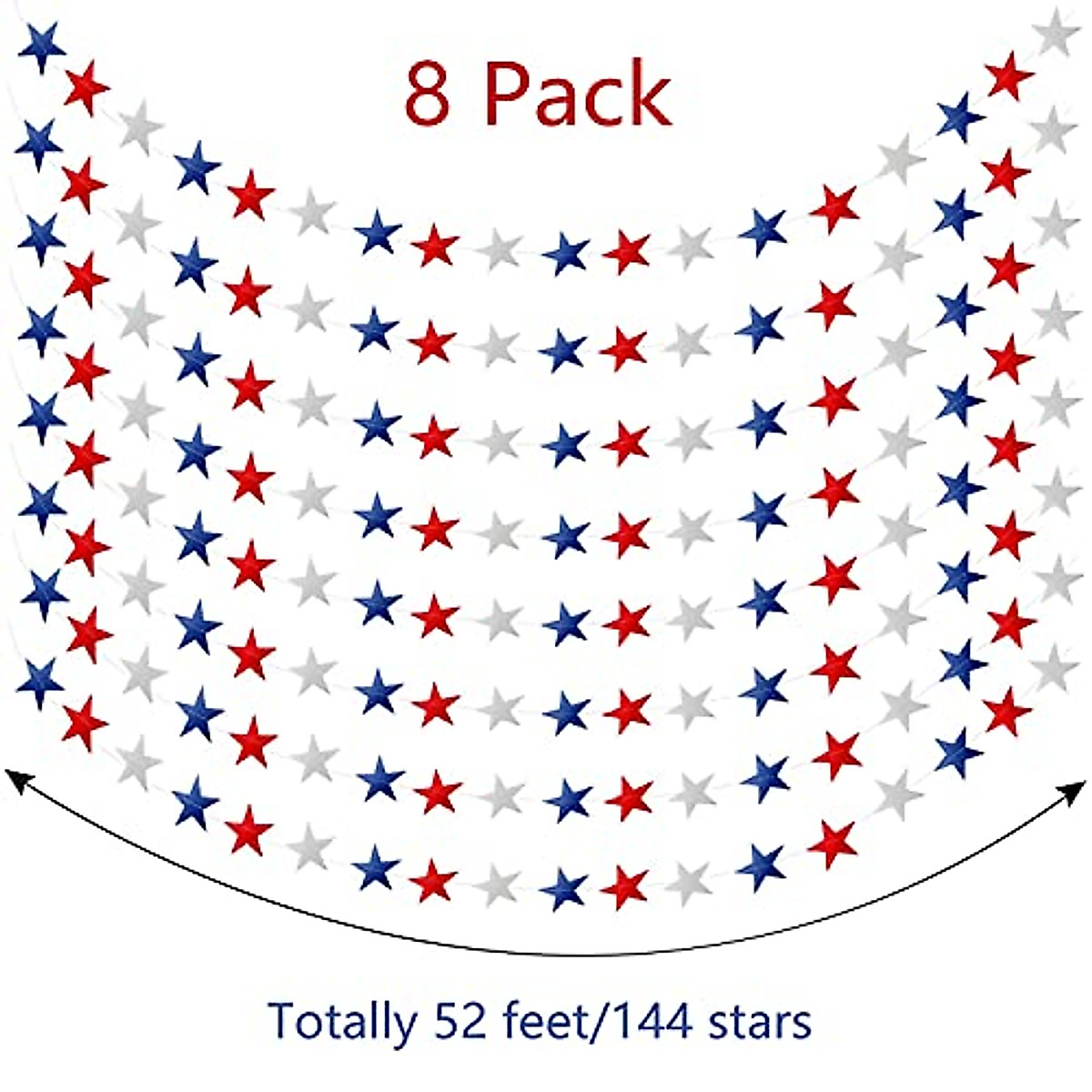 Patriotic Star Streamers Banner Garland Decorations for 4th of July Red White Blue Hanging Stars Banner Memorial Day Independence Day Celebration Veterans Day Party Decorations, 8 Pack