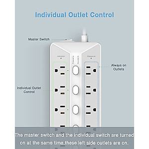 Power Strip with USB, Individual Switches, TESSAN 12 Outlets and 3 USB Ports, Long Extension Cord 6 Feet with Surge Protector for Home, Dorm and Office Accessories, 1700J Protection, Gray