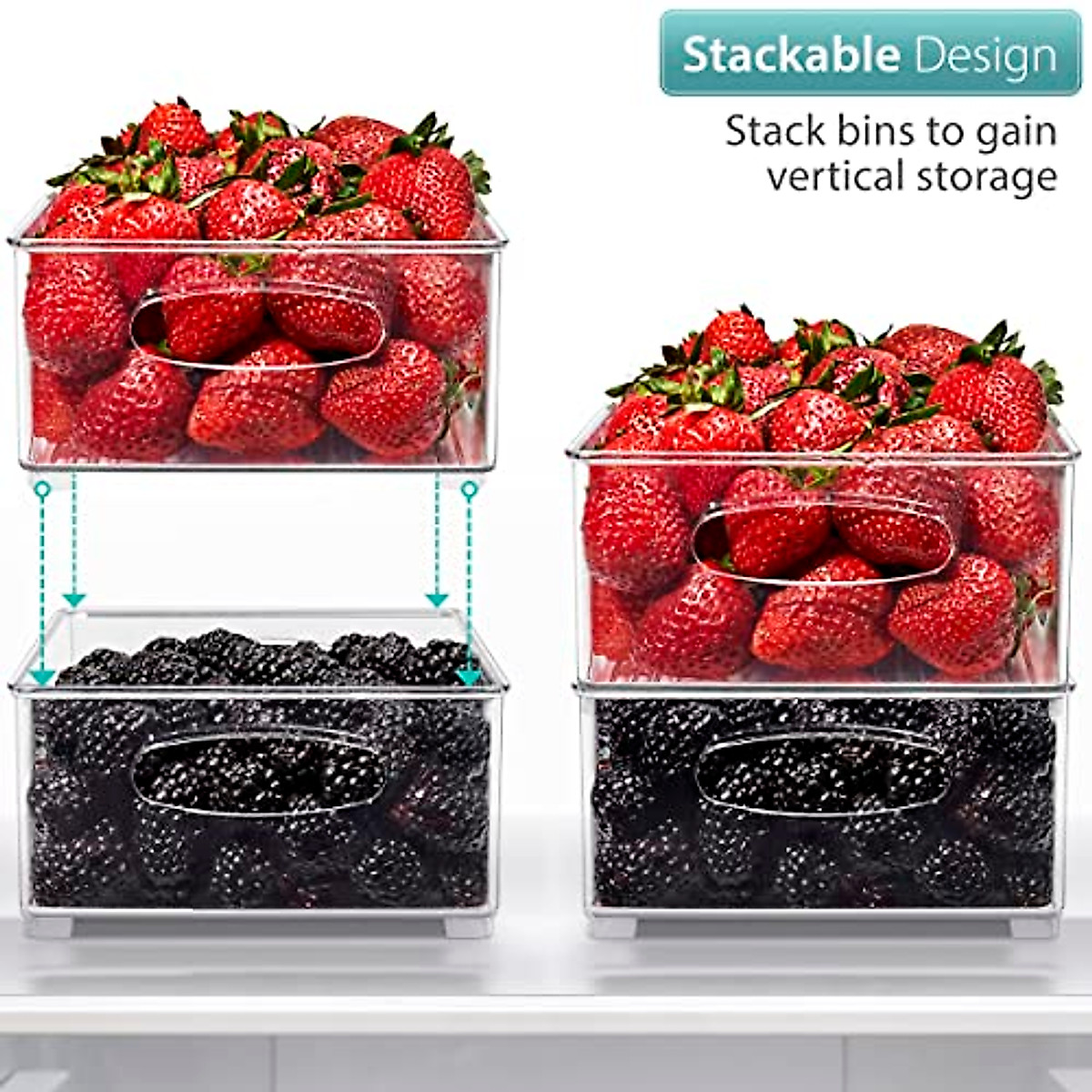 Stackable Refrigerator Organizer Bins - Clear Storage Bins for Kitchen Pantry, Freezer & Fridge Organization - Food Organizing Plastic Containers with Handles for Countertops & Drawers - (4 Pack)