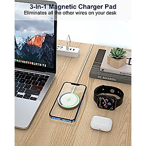 Basesailor Magnetic Wireless Charger with USB Adapter, 3 in 1 Portable Travel Cordless Qi Fast Charging Pad Station for MagSafe, iPhone 14 13 12 11 Plus Pro Max Mini,AirPods 3 2 Pro,Samsung S23 S22