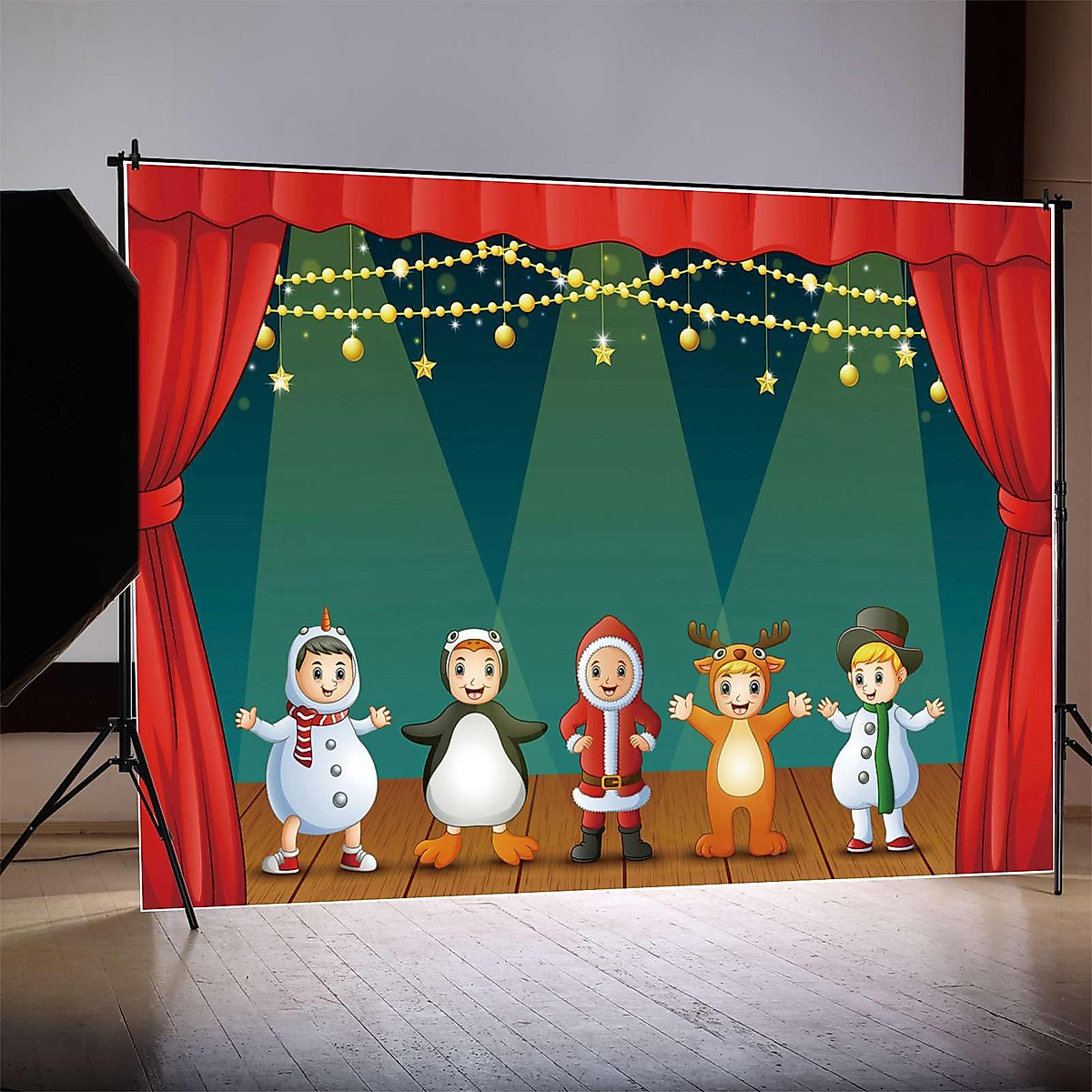 MOONDECO Photography Backdrop 5x3ft Christmas Red Curtain Gold Star Ball Lights Dance Stage Background Children Wood Plank Floor Party Photo Booth