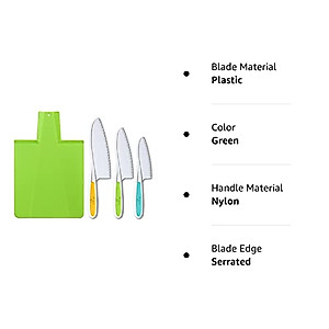 Tovla Jr Kids Kitchen Montessori Knives and Foldable Cutting Board Set: Children's Safety Cooking Knives in 3 Sizes & Colors/Firm Grip, Serrated Edges, BPA-Free Kids' /Safe Lettuce Knives (Green)